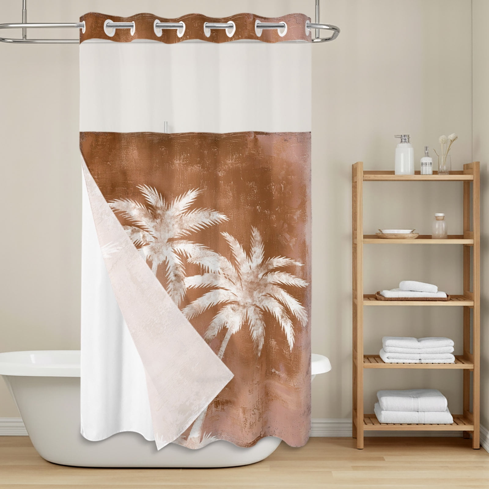 Brown Palm Tree No Hook Shower Curtain with Snap in Liner, Summer ...