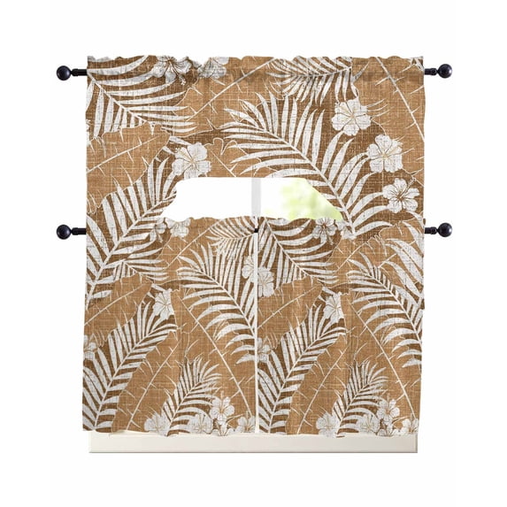 Brown Palm Tree Kitchen Curtains Set for Windows 3 Piece Cafe Curtains ...