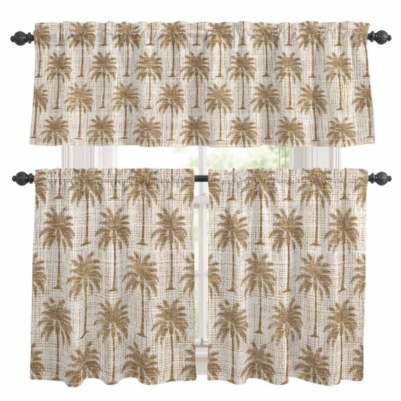 Brown Palm Tree Kitchen Curtains Set for Windows, Country Linen Texture ...