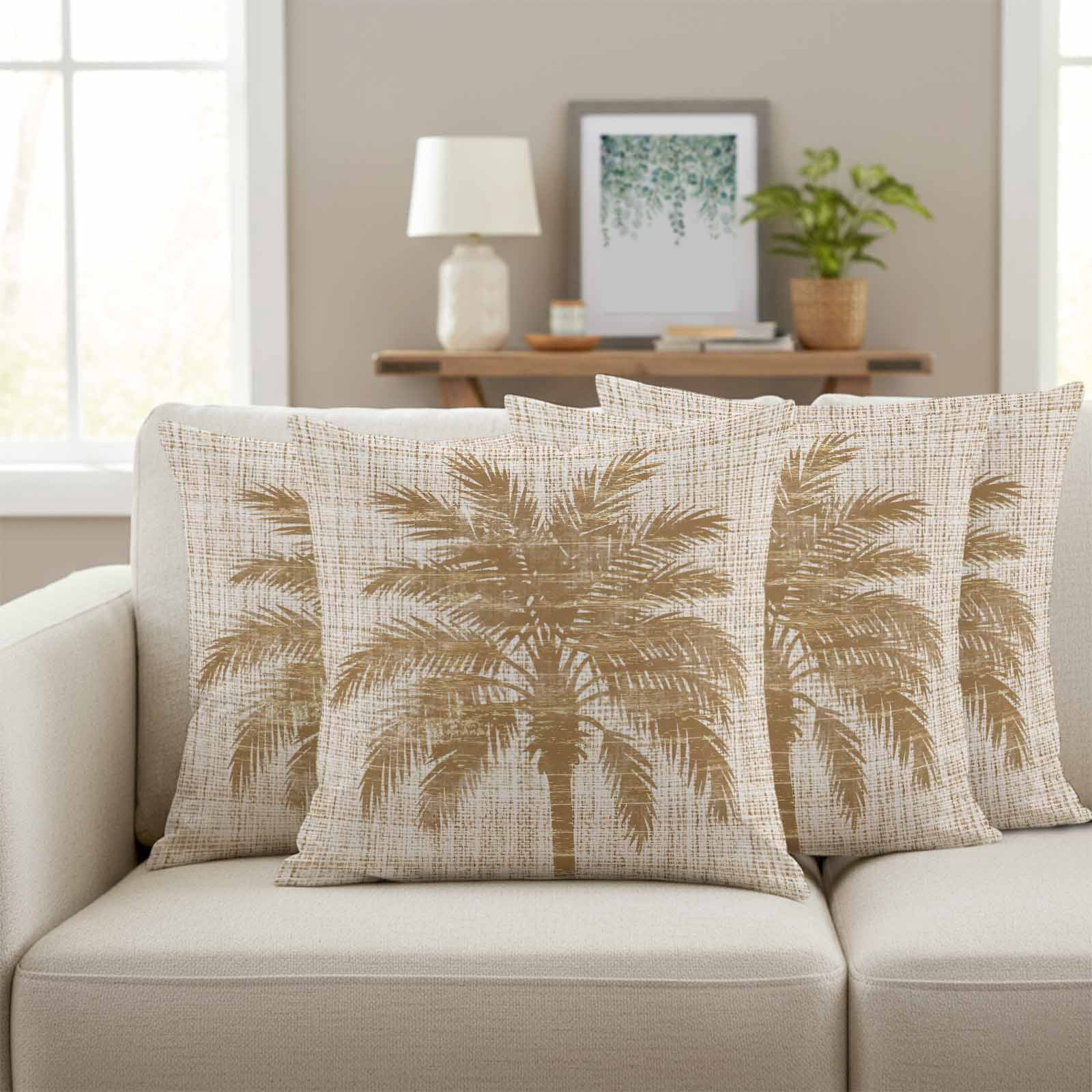 Brown Palm Tree Pillow Covers Set of 4, Country Linen Texture Tropical ...