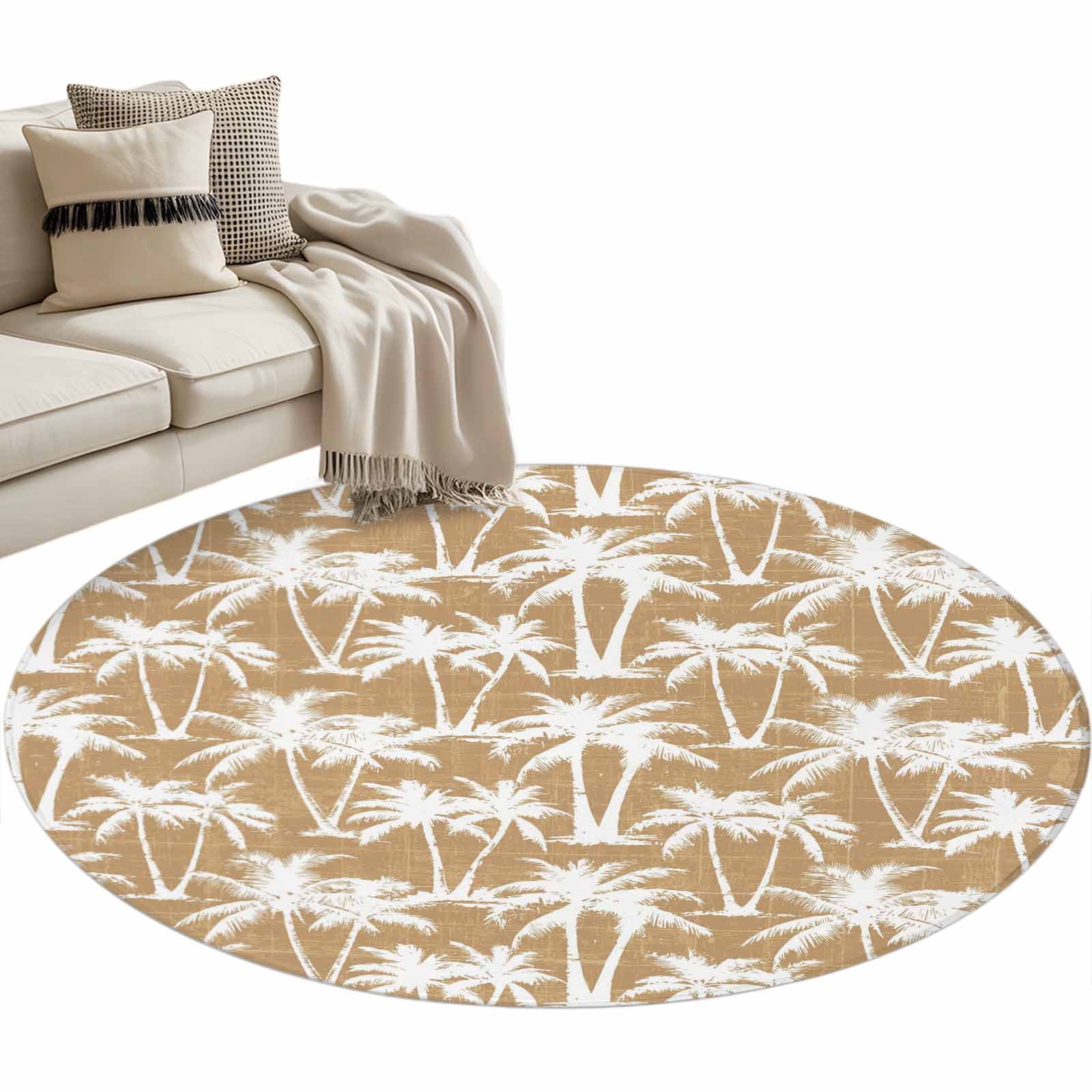 Brown Palm Tree Round Living Room Rugs 4 ft, Summer Tropical Country ...