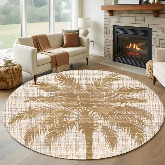 Brown Palm Tree Washable Round Area Rug 7 ft, Country Linen Texture ...