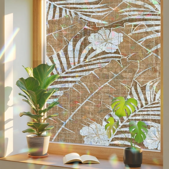Brown Palm Tree Window Privacy Film Rainbow Static Cling Stain Glass ...