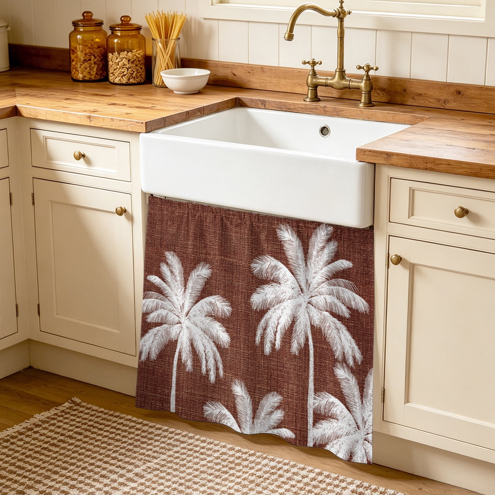 Brown Palm Trees Cabinet Curtain, Summer Beach Tropical Farmhouse Sink ...