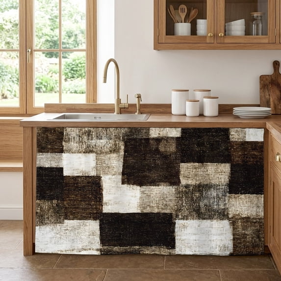 Brown Patchwork Cabinet Curtains 28" W x 51" L, Modern Abstract Coffee ...