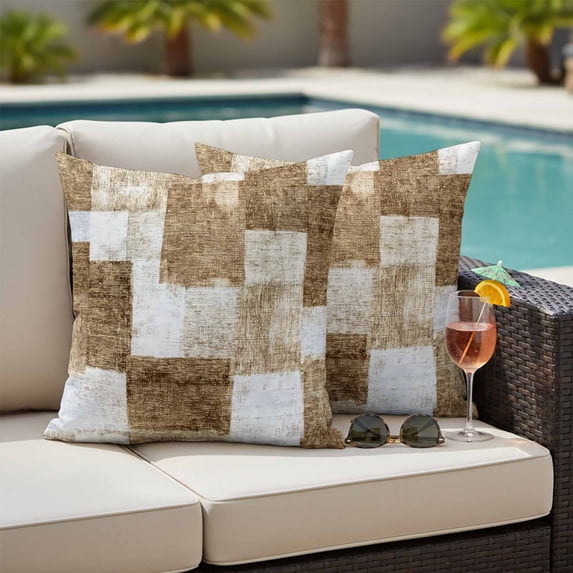 Brown Patchwork Outdoor Throw Pillow Covers Set of 2, Modern Abstract ...