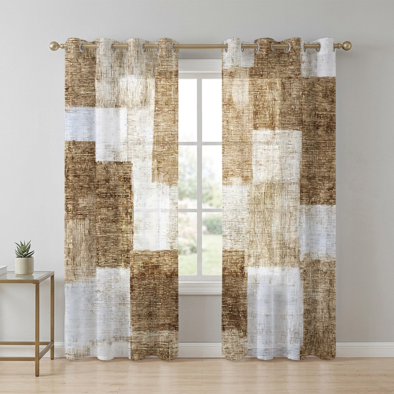Brown Patchwork Sheer Curtains 63 Inch Long 2 Panels, Modern Abstract ...