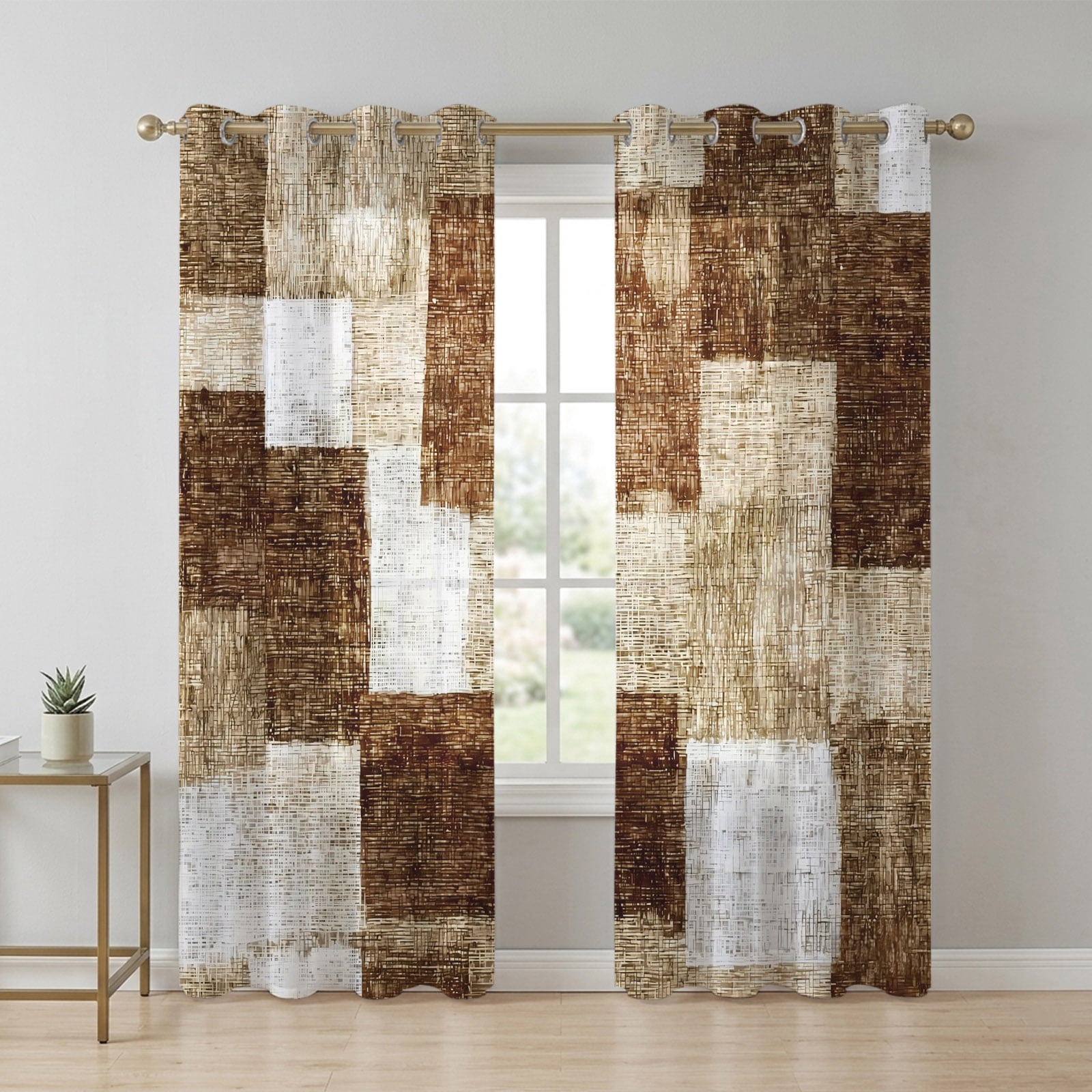 Brown Patchwork Sheer Curtains 84 Inch Long 2 Panels, Modern Abstract ...