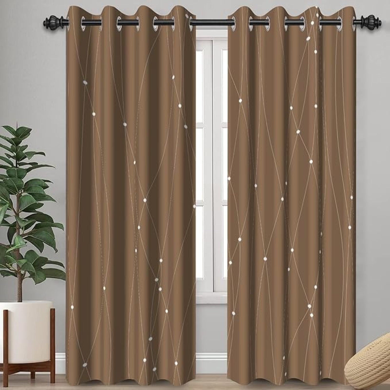 Brown Pattern Blackout Curtains For Living Room, Modern Style Brown ...