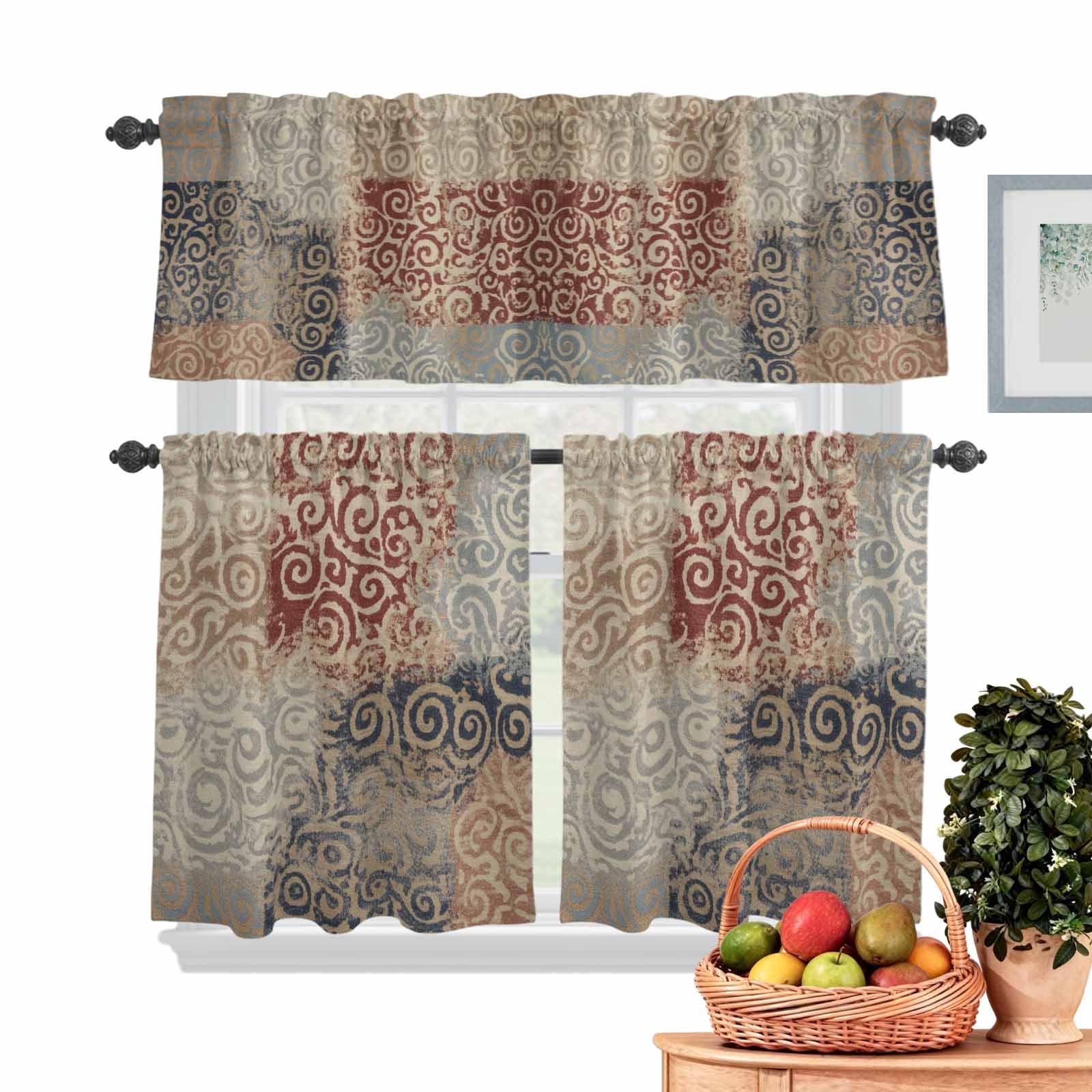 Brown Pattern Kitchen Curtains Valances 3 Piece Set, Retro Abstract Art ...
