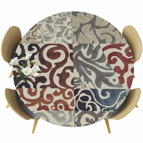 Brown Pattern Round Fitted Tablecloth with Elastic Edge, Retro Abstract ...