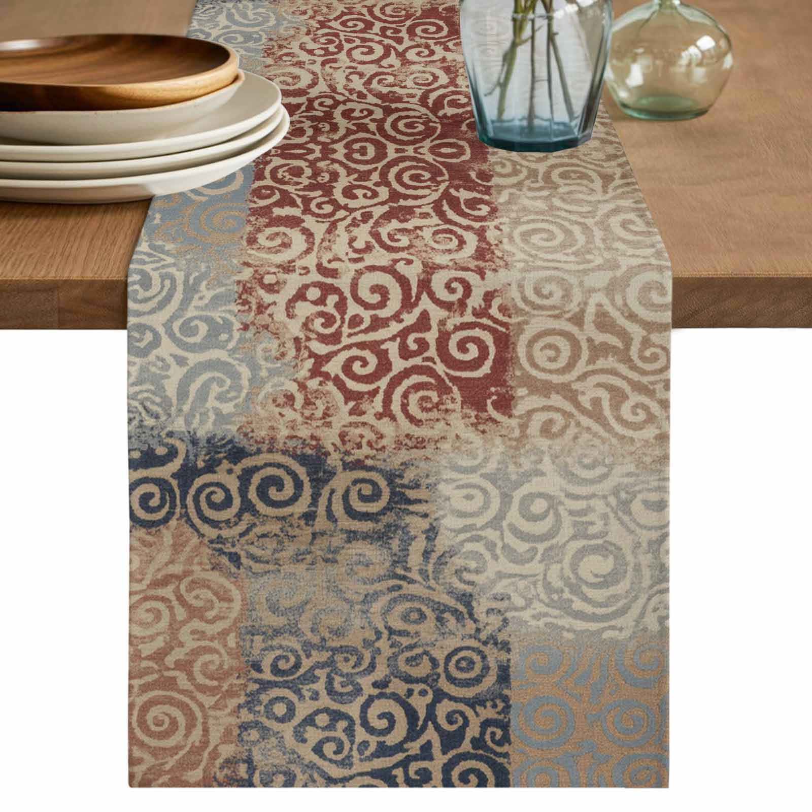 Brown Pattern Table Runner, Retro Abstract Art Classic Brown Red Blue ...