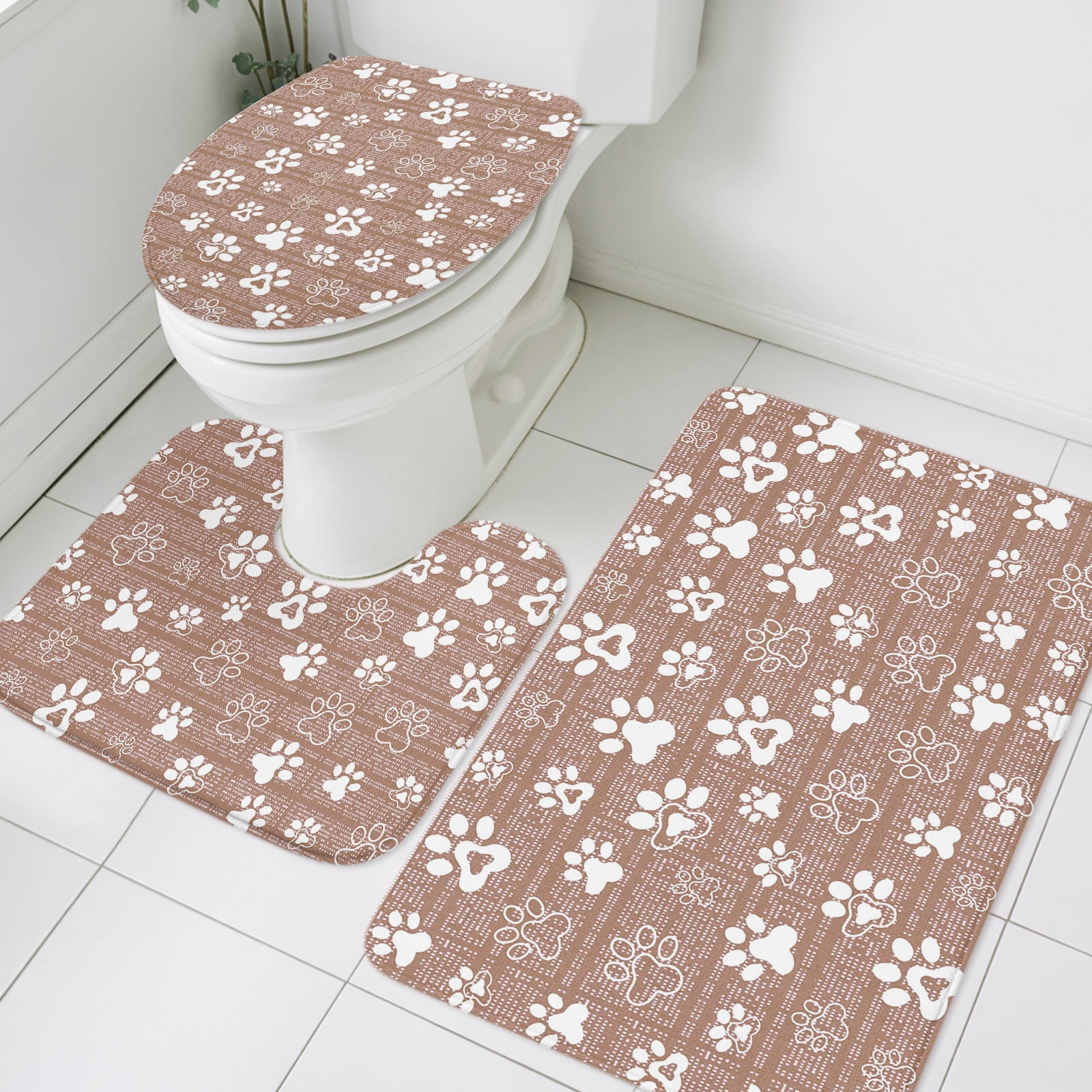 Brown Paw Print Bathroom Rugs Set Modern Classic Gray White Animal ...