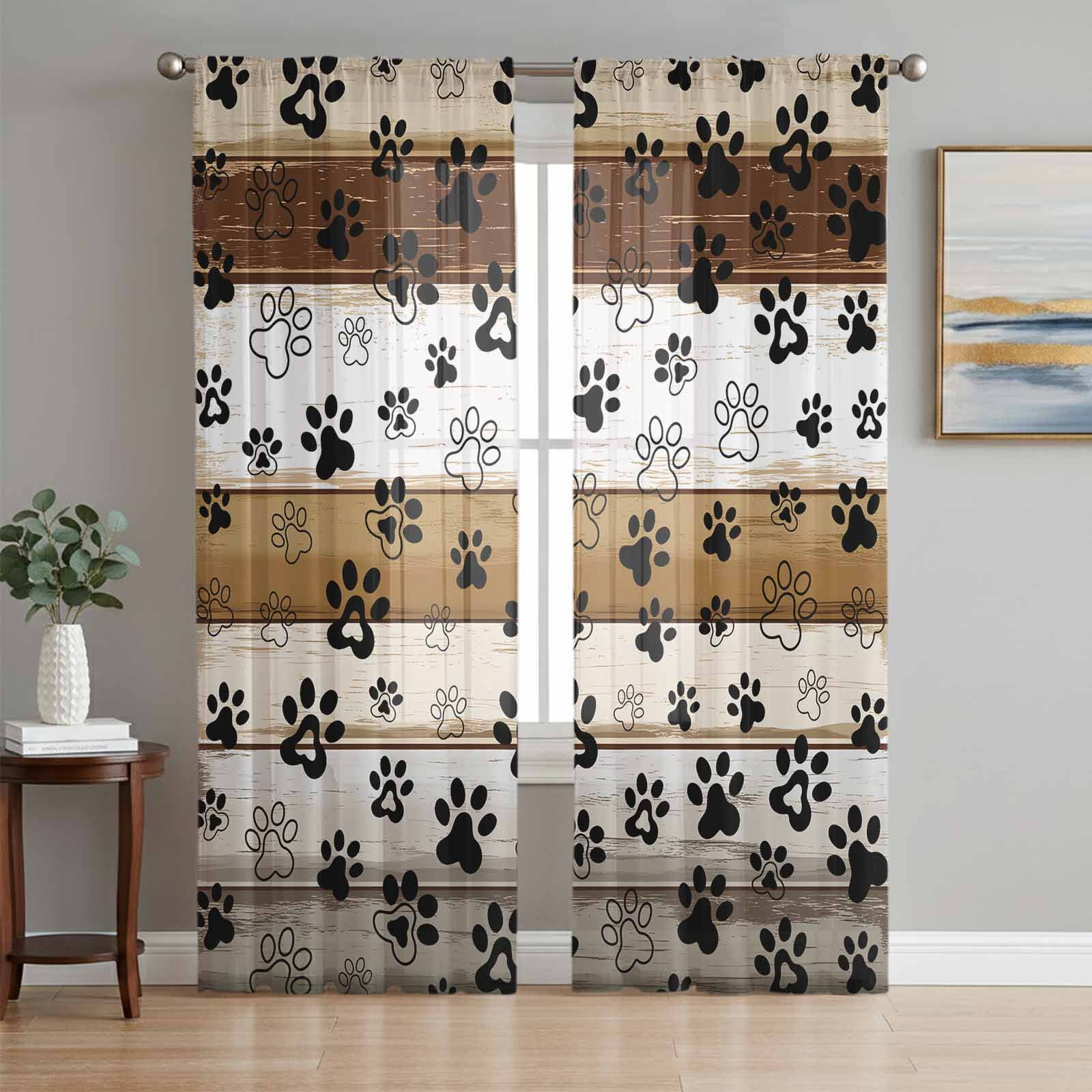 Brown Paw Print Sheer Curtains 96 Inch Length 2 Panels Set, Vintage ...