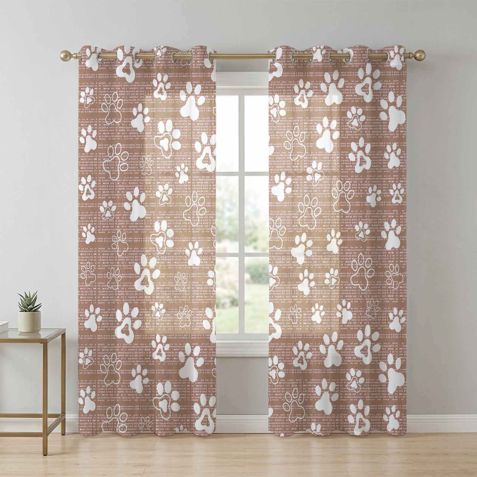Brown Paw Print Sheer Curtains 96 Inch Long 2 Panels, Modern Classic ...