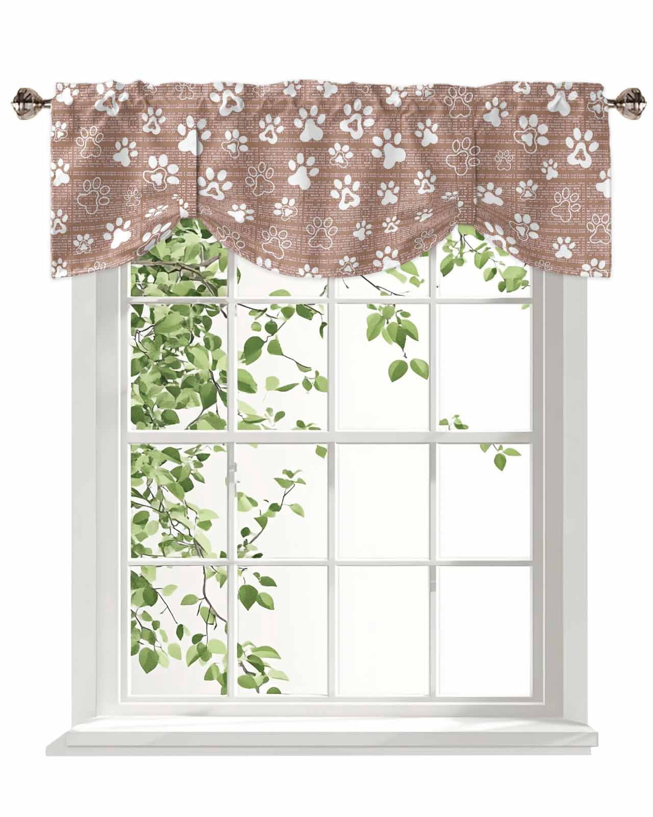 Brown Paw Print Tie Up Valances Curtain, Modern Classic Gray White ...