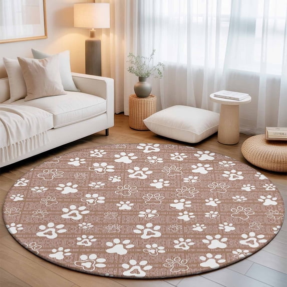 Brown Paw Print Washable Round Area Rug 4 ft, Modern Classic Gray White ...