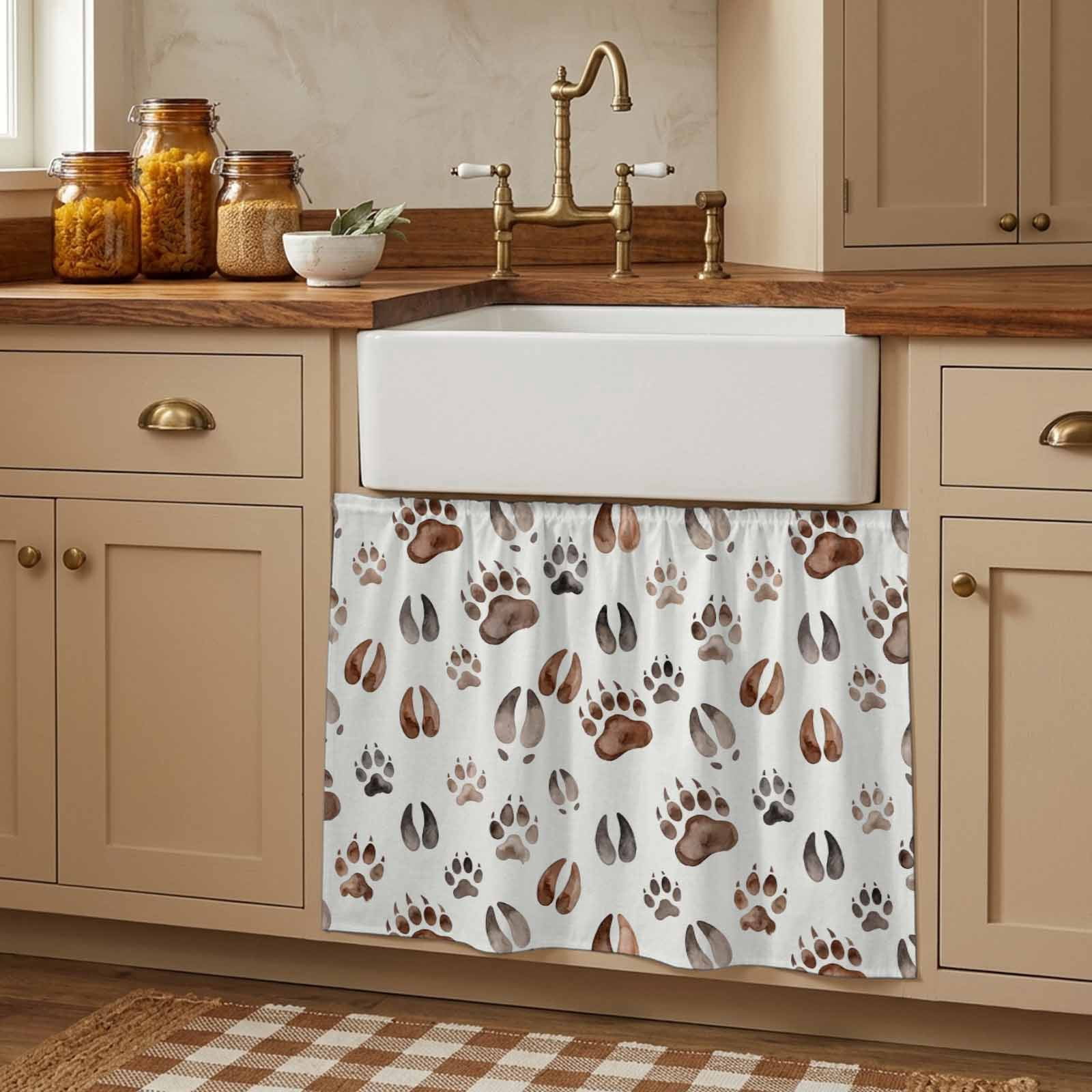 Brown Paw Prints Small Cabinet Curtains 11"W x 13"L, Farmhouse Country ...