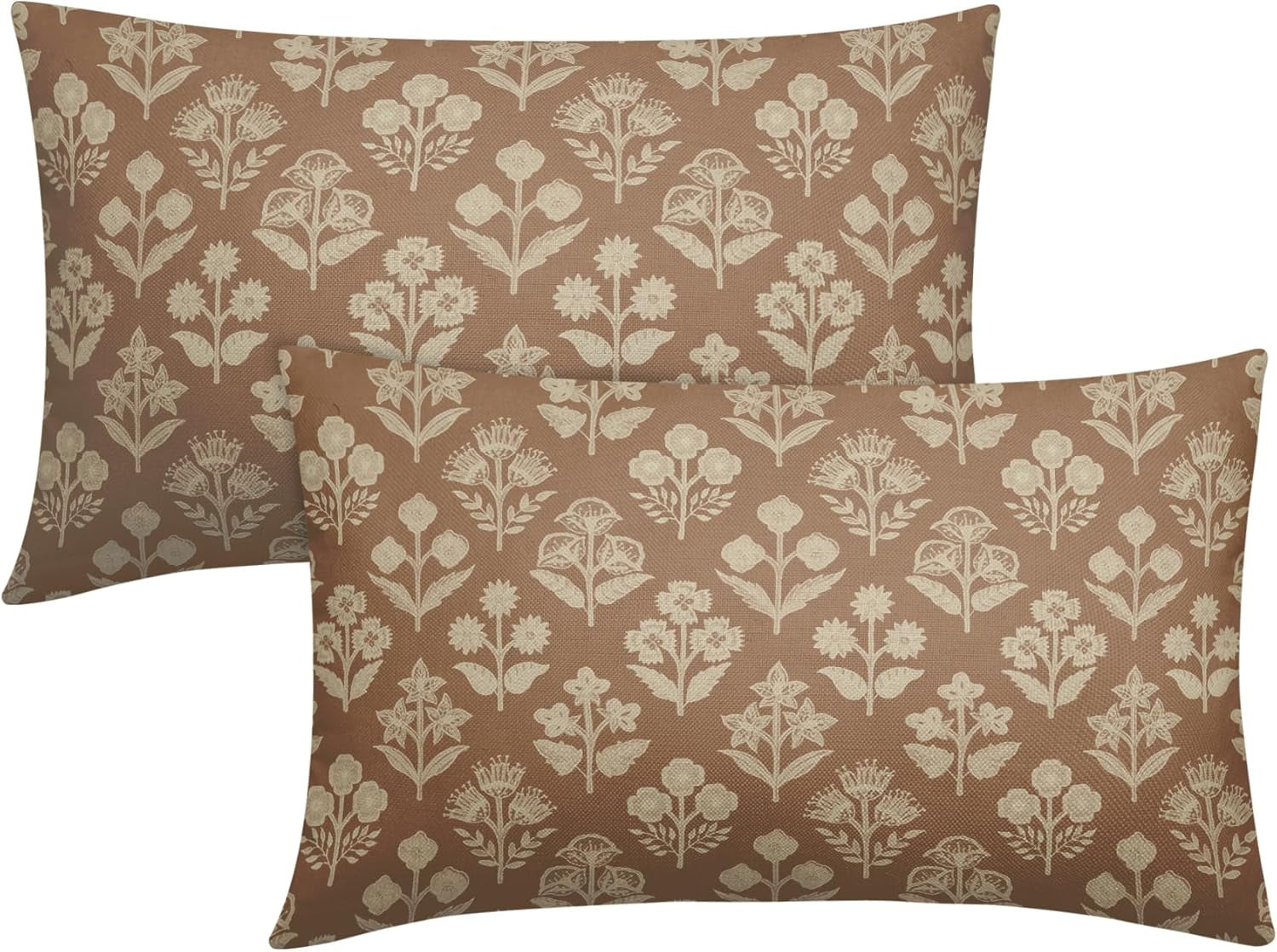 Brown Pillow Covers 12x20 Inch Set of 2, Cream Floral Block Print ...
