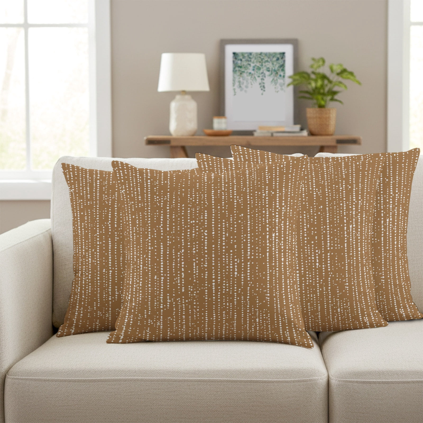 Brown Pillow Covers Set of 4, White Dots and Lines Fiber Abstract Art ...