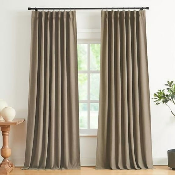 Brown Pinch Pleated Full Blackout Curtains Linen Blended Room Darkening ...