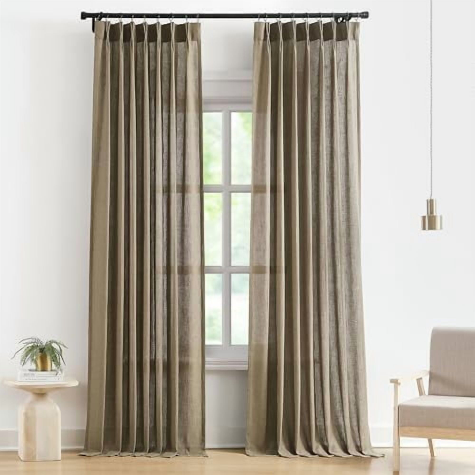 Brown Pinch Pleated Semi Sheer Curtains Textured Linen Blended Light ...