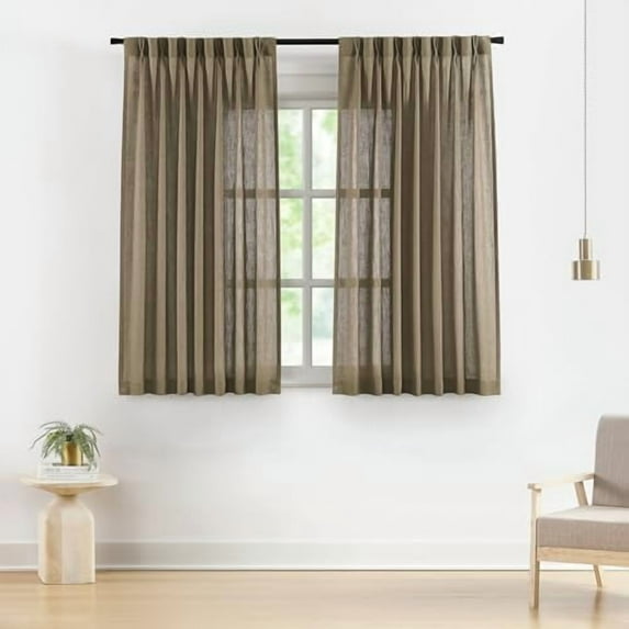 Brown Pinch Pleated Semi Sheer Curtains Textured Linen Blended Light ...