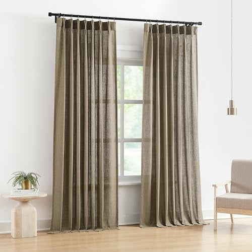 Brown Pinch Pleated Semi Sheer Curtains Textured Linen Blended Light ...