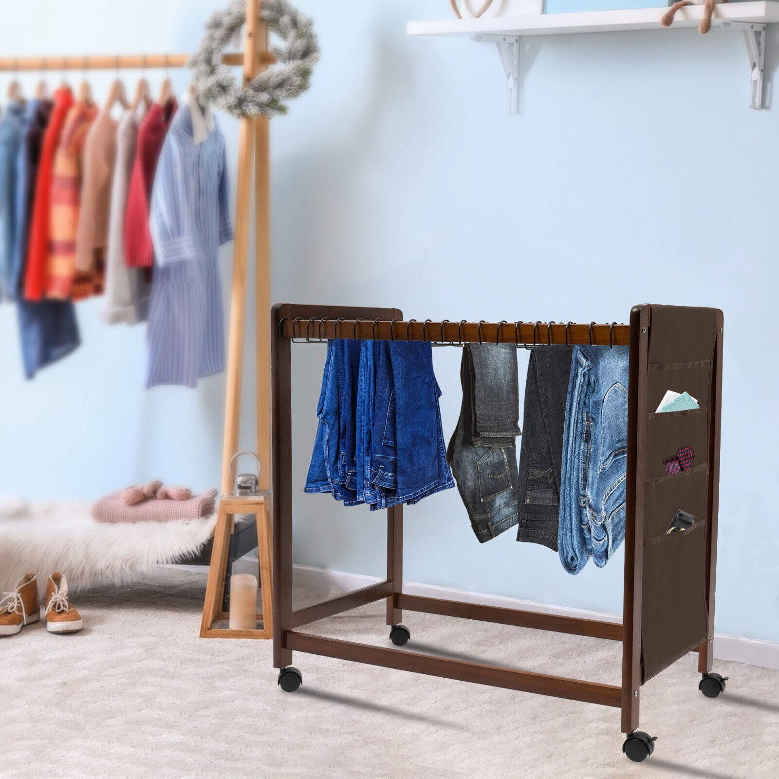 Brown Pine Clothes Rack Garment Rolling Rack for Hanging Clothes with ...
