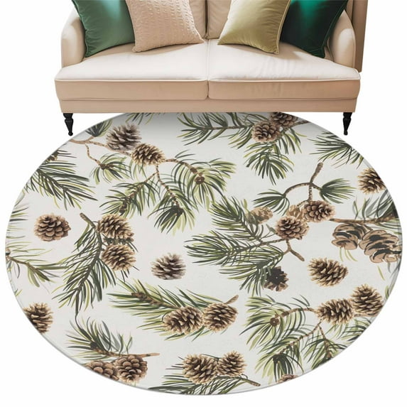 Brown Pine Cones Area Rug, Green Leaves Branch White Background ...