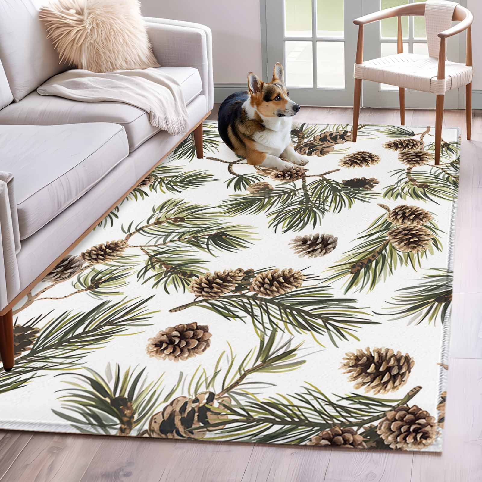 Brown Pine Cones Area Rugs 3x5 ft Green Leaves Branch Plant White ...
