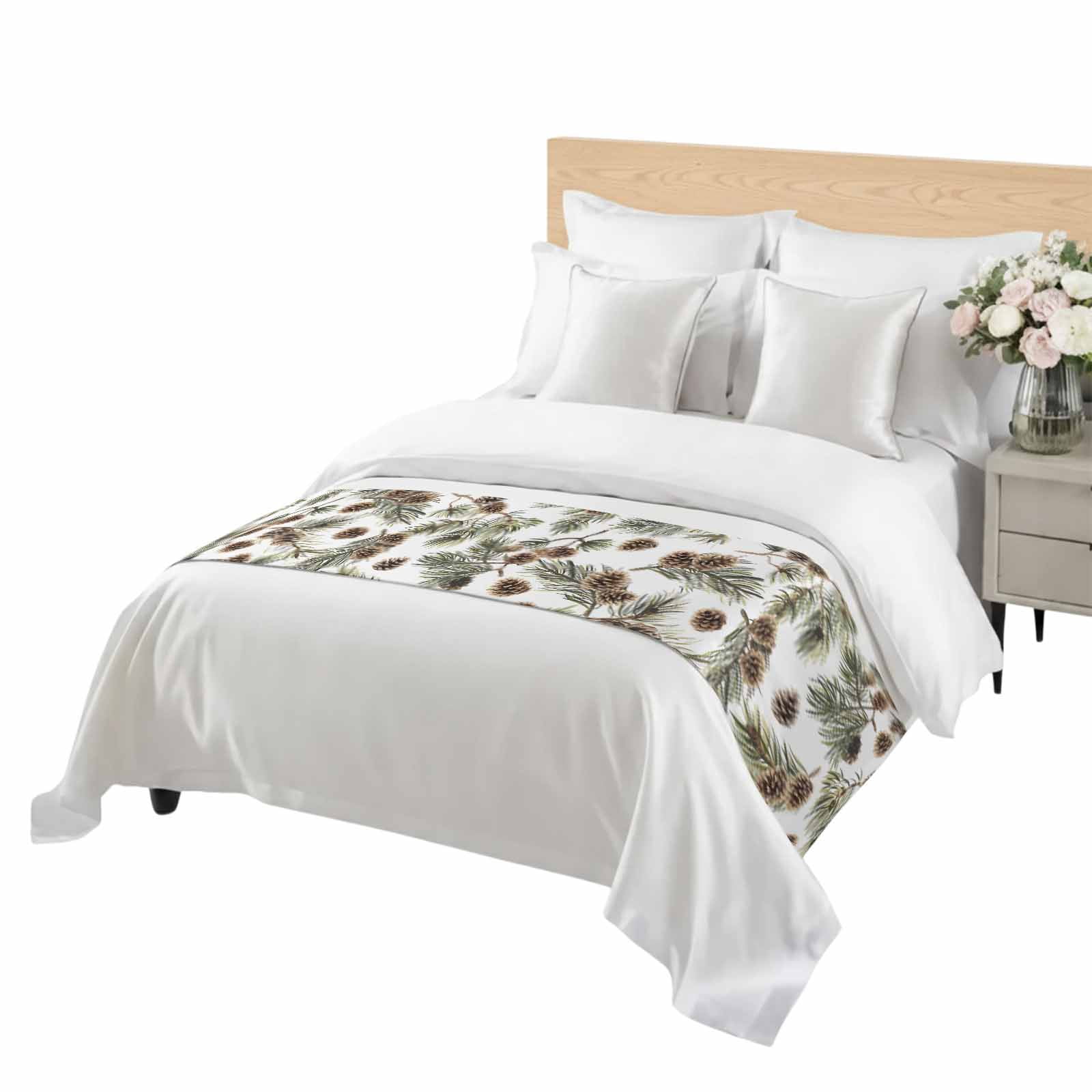 Brown Pine Cones Bed Runner Cal King Size Green Leaves Branch Plant ...