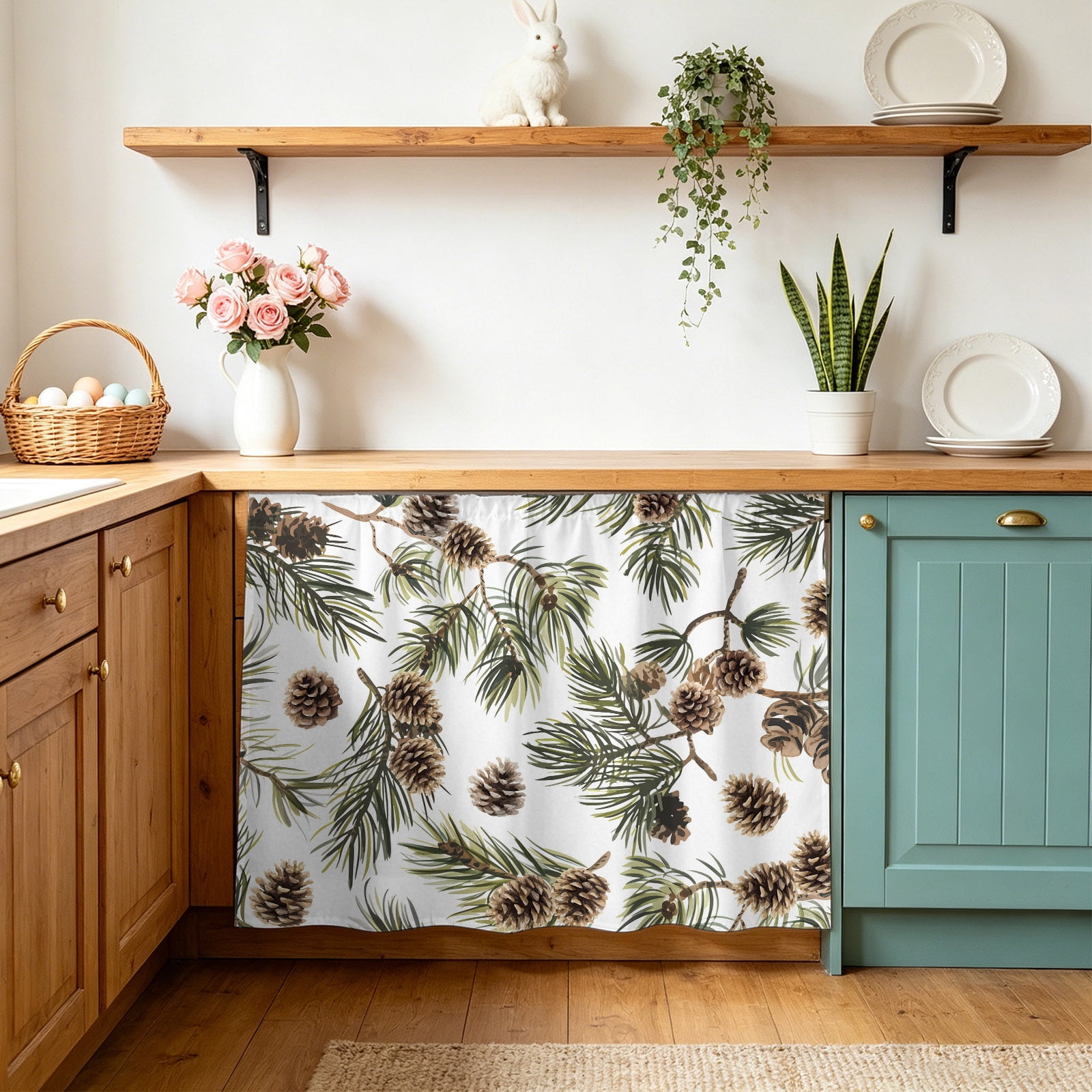 Brown Pine Cones Cabinet Curtains 11" W x 13" L Green Leaves Branch ...
