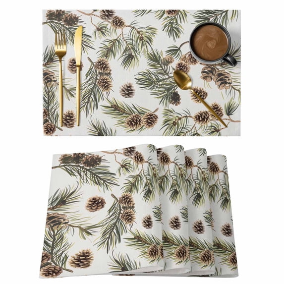 Brown Pine Cones Cotton Linen Placemats Set of 1, Green Leaves Branch ...