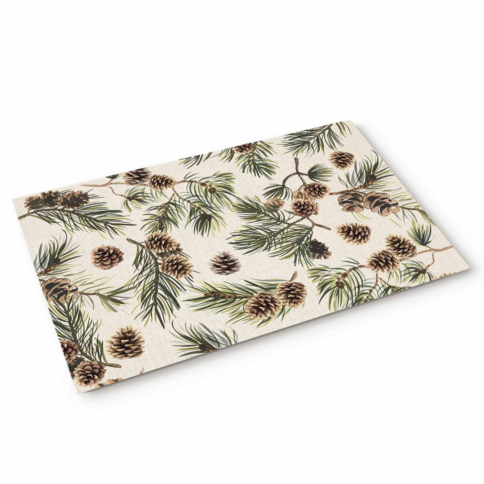 Brown Pine Cones Door Mat Green Leaves Branch Vintage Linen Non Slip ...