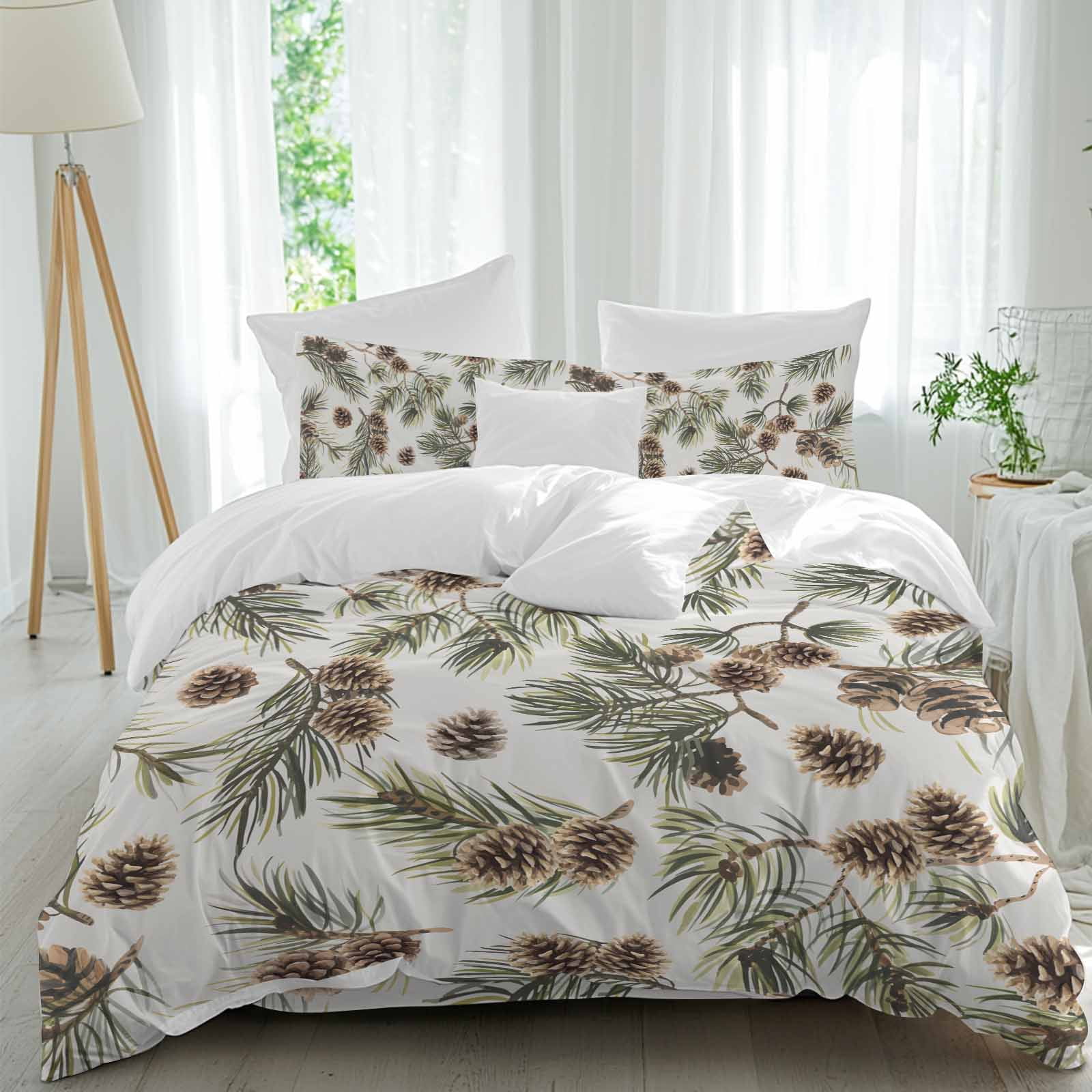 Brown Pine Cones Duvet Cover Set King Size, Green Leaves Branch White ...