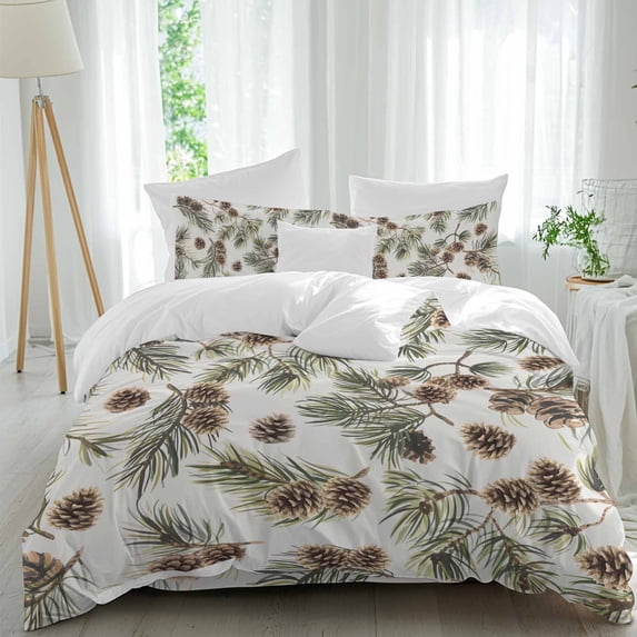 Brown Pine Cones Duvet Cover Set King Size, Green Leaves Branch White ...