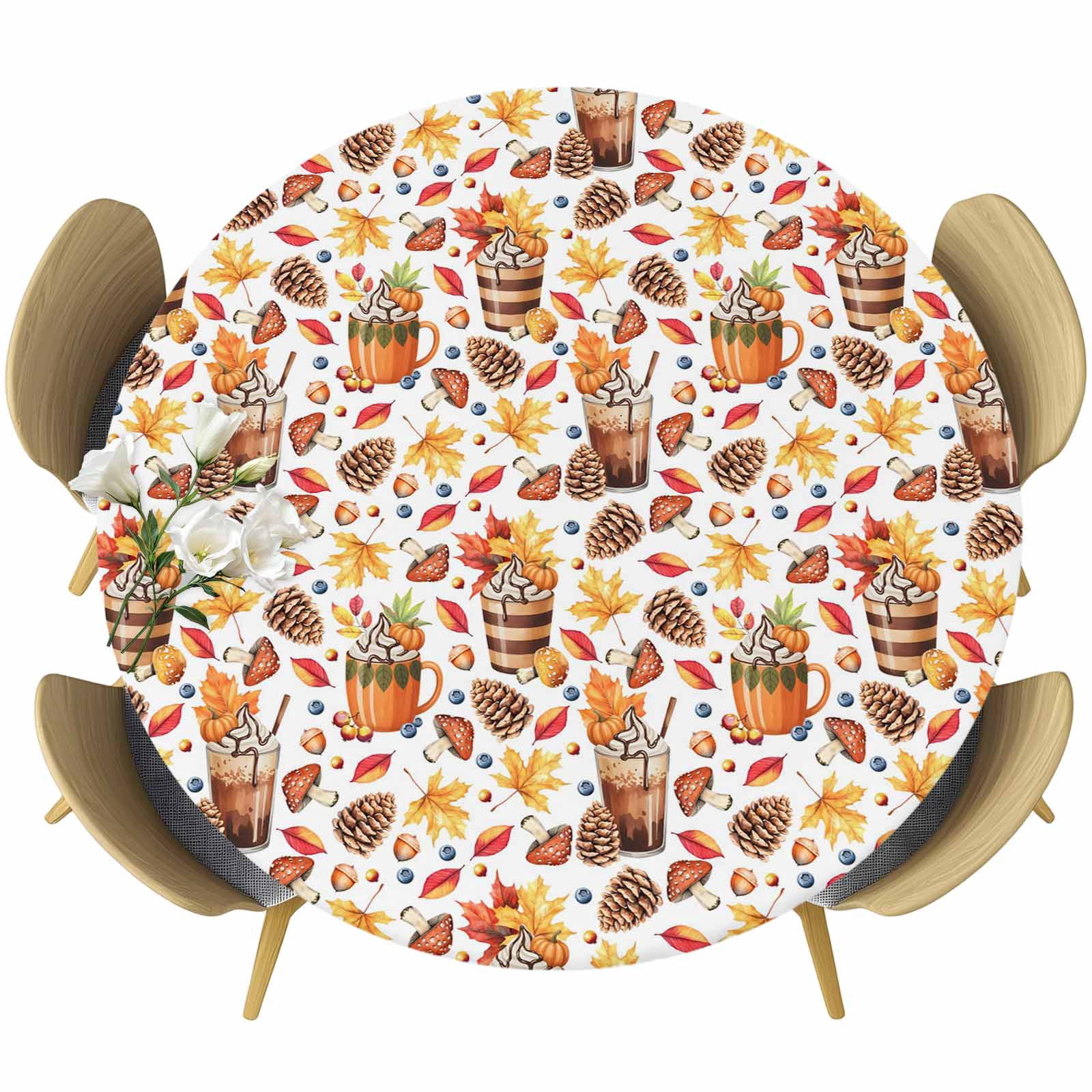Brown Pine Cones Fall Round Tablecloth, Fitted Table Cover with Elastic ...