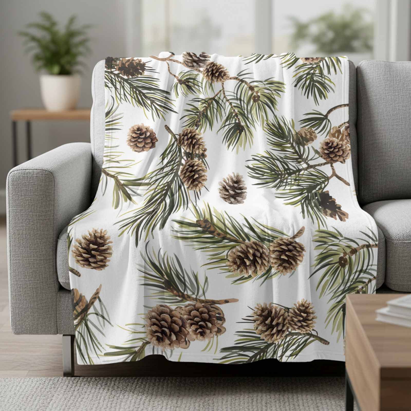 Brown Pine Cones Fleece Throw Blanket Green Leaves Branch Plant White ...