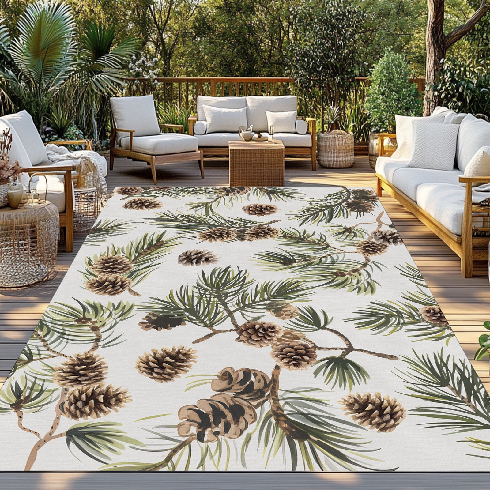 Brown Pine Cones Indoor Outdoor Rugs 3x5 Ft, Green Leaves Branch White ...