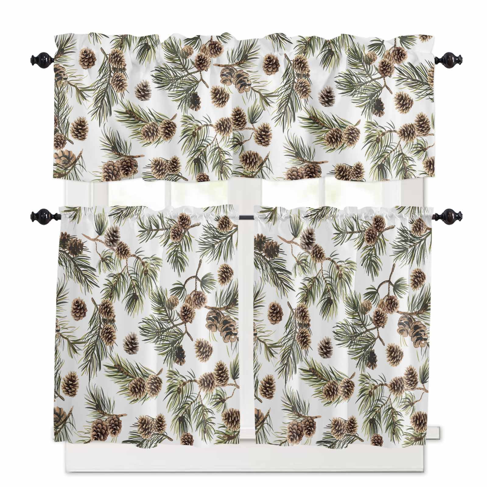 Brown Pine Cones Kitchen Curtains Valance and Tier Set Green Leaves ...