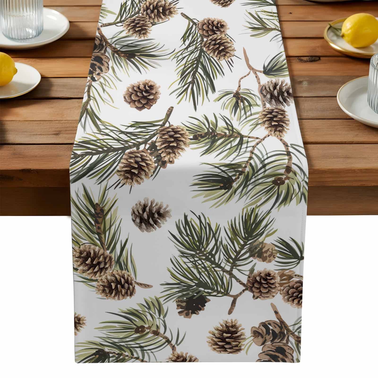Brown Pine Cones Table Runner, Green Leaves Branch Plant White Kitchen ...