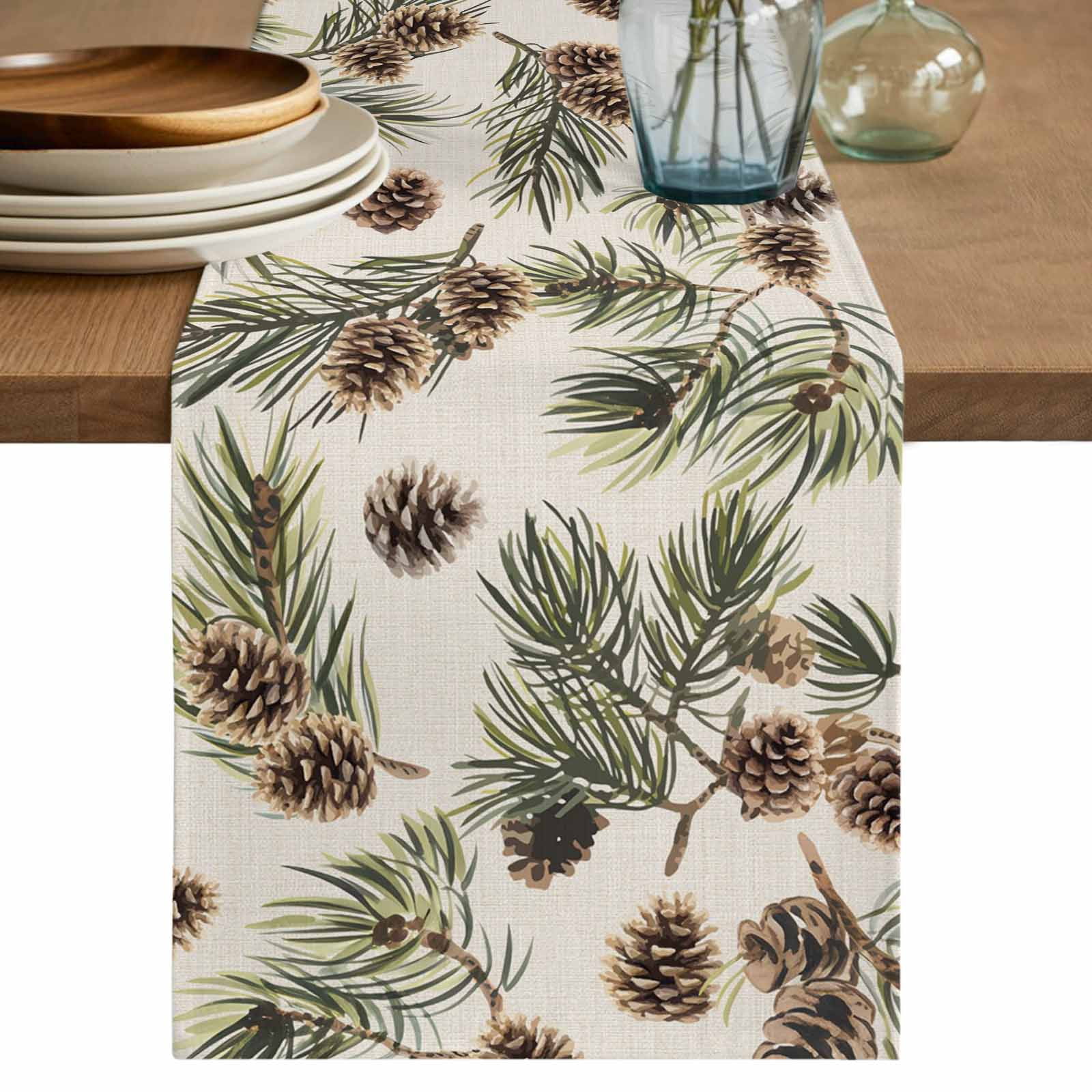 Brown Pine Cones Table Runner, Green Leaves Branch Vintage Linen Cotton ...