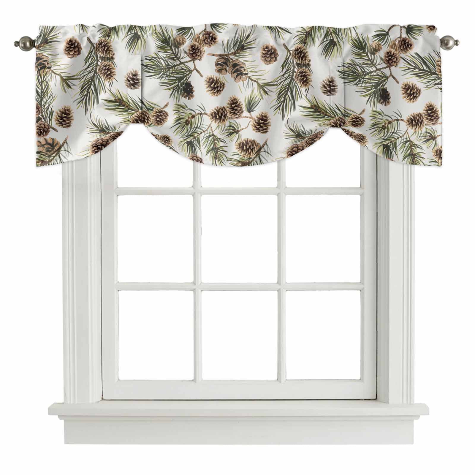 Brown Pine Cones Tie Up Valance Curtains Green Leaves Branch White ...