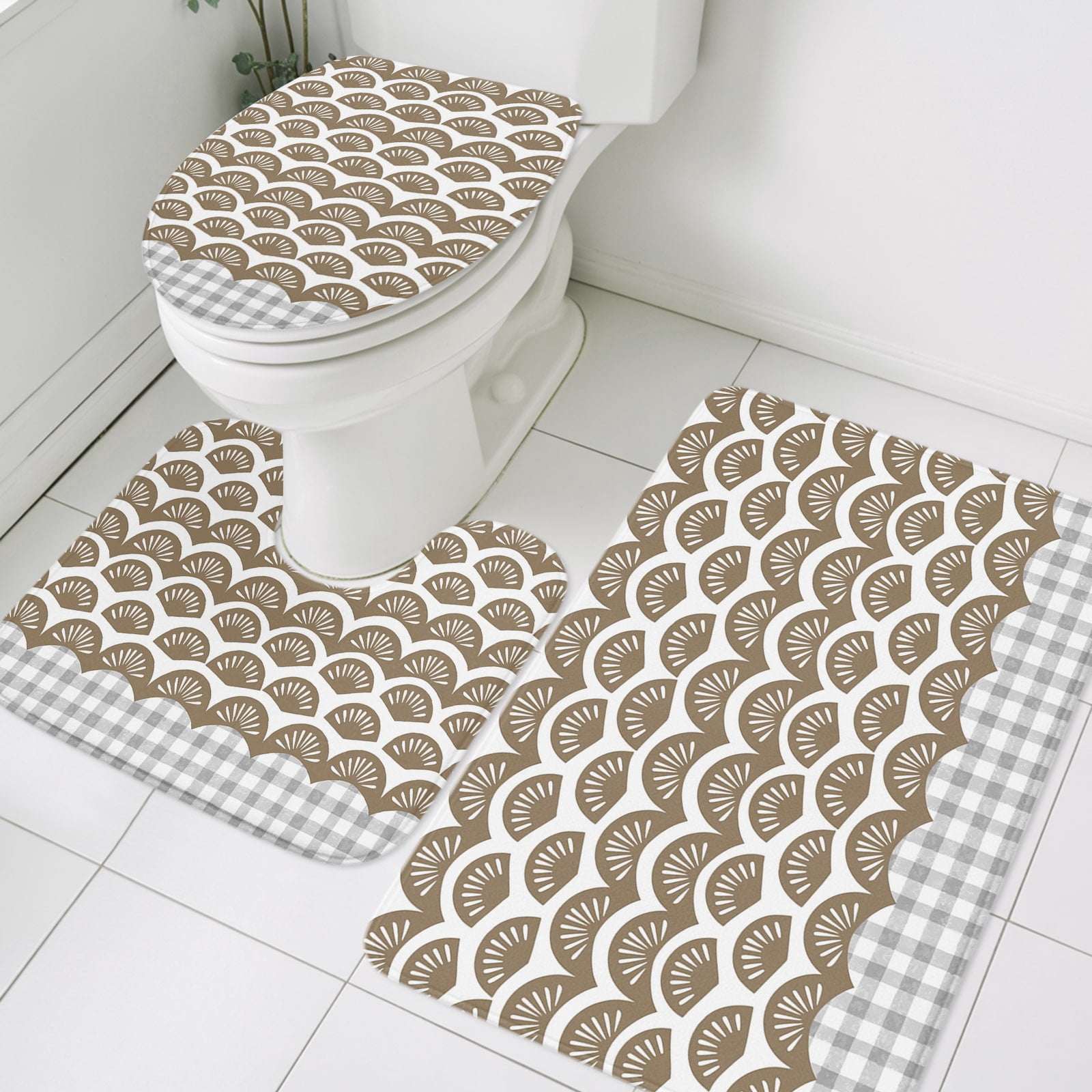 Brown Pine Leaf Bathroom Rugs Set Vintage Fan Shape Gray Stripes ...