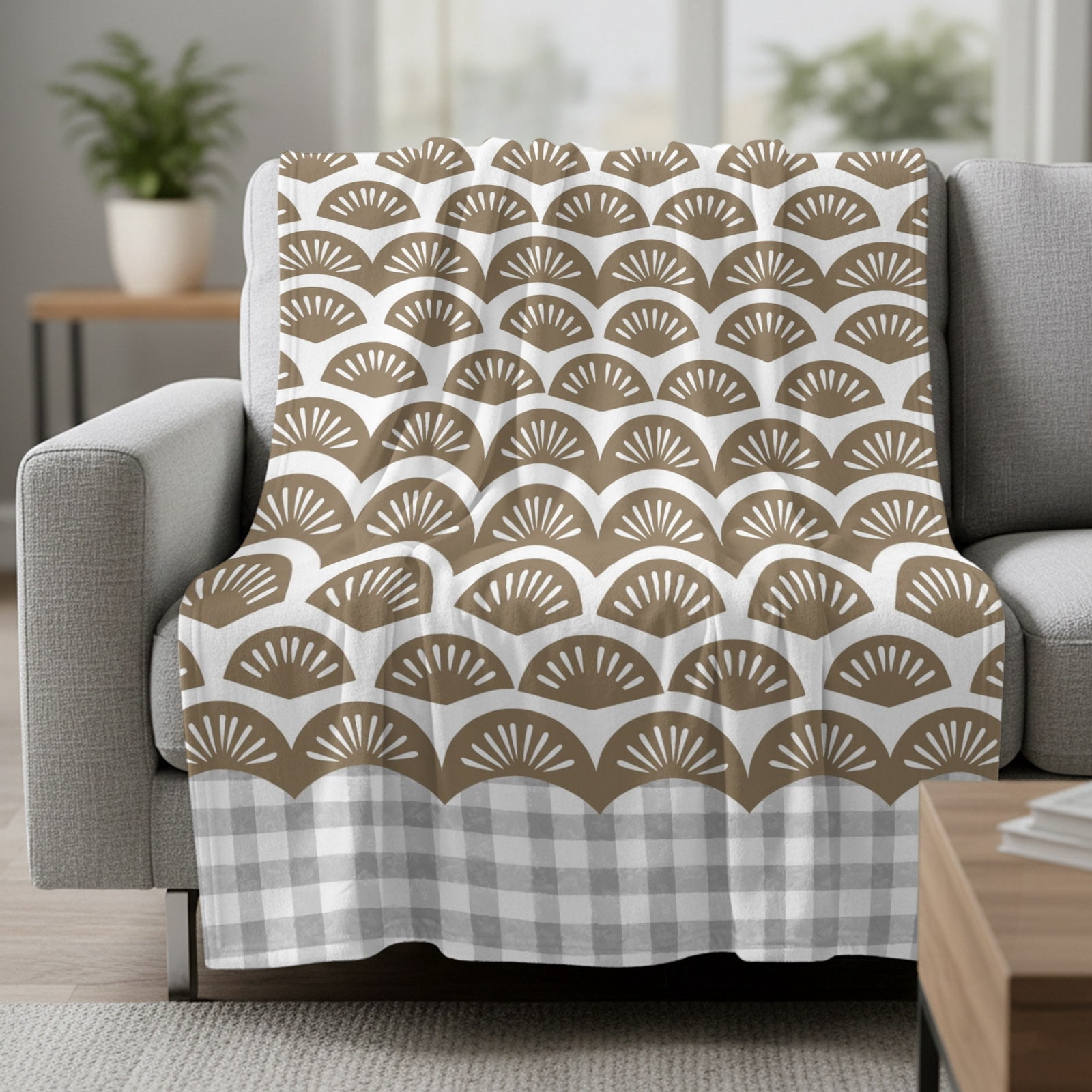 Brown Pine Leaf Fleece Throw Blanket Vintage Fan Shape Gray Stripes ...