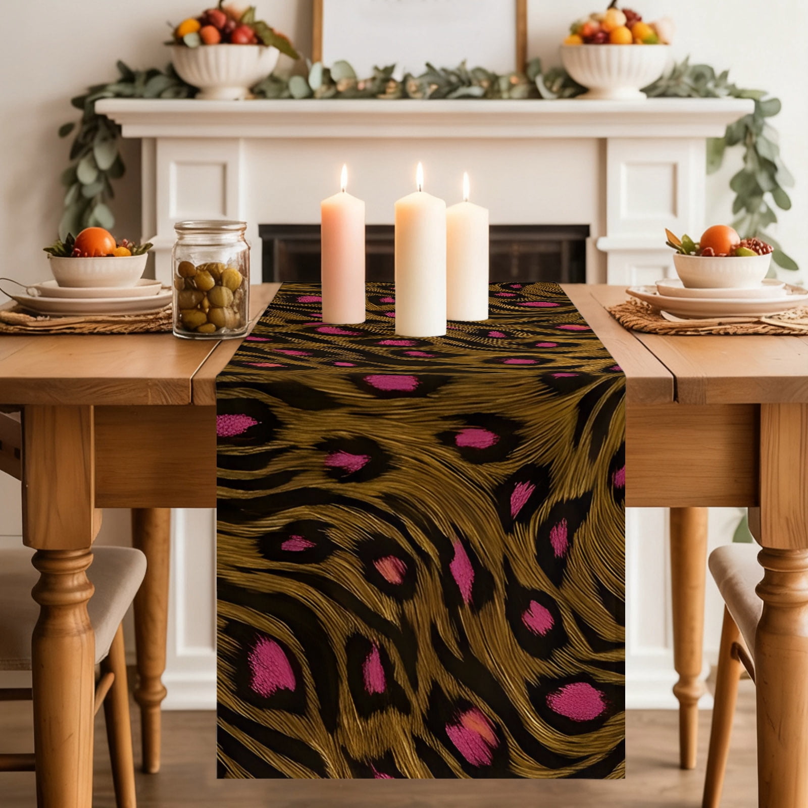 Brown Pink Leopard Dining Table Runner, Rustic Boho Vintage Grain ...