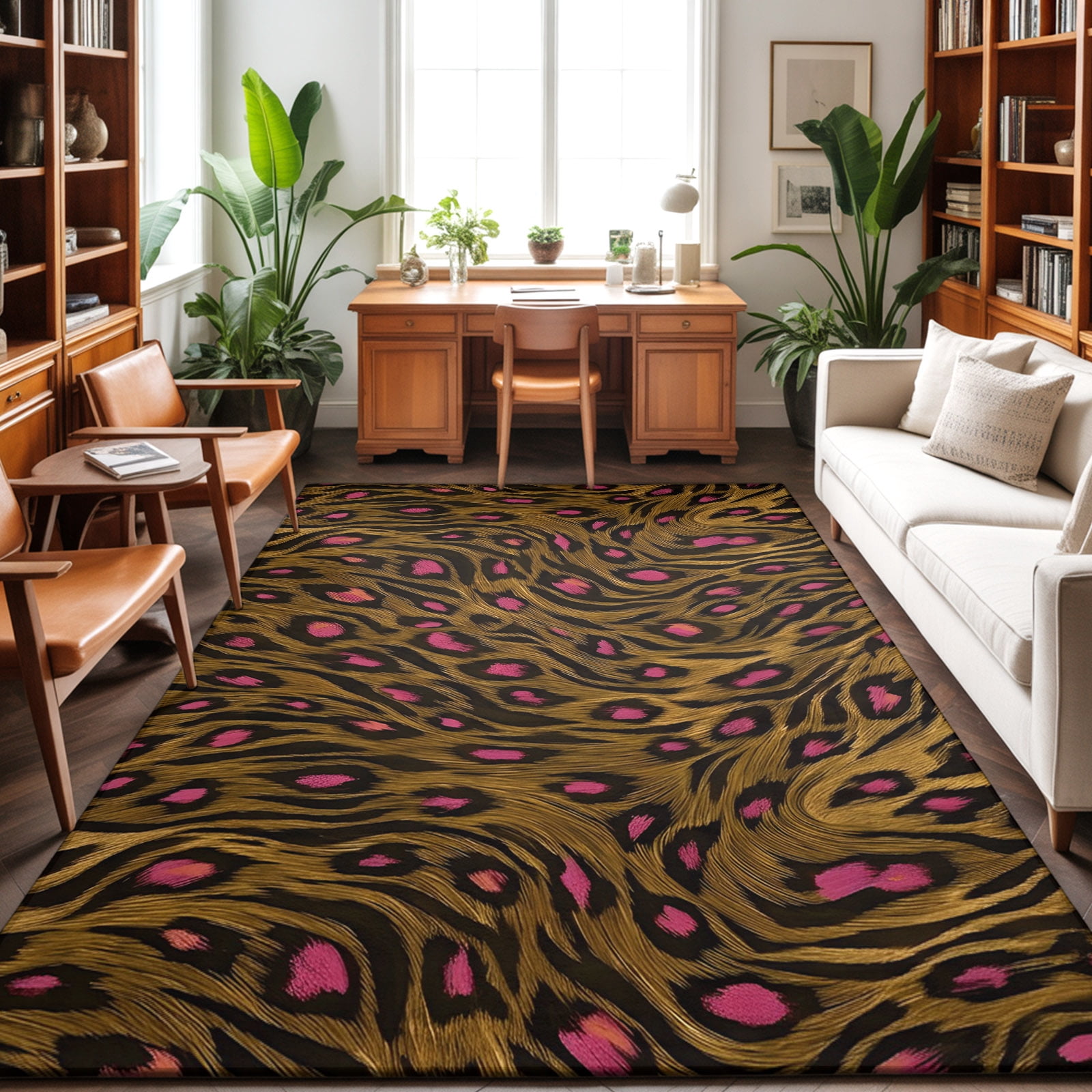 Brown Pink Leopard Washable Area Rug 4 x 6 ft Rustic Boho Vintage Grain ...