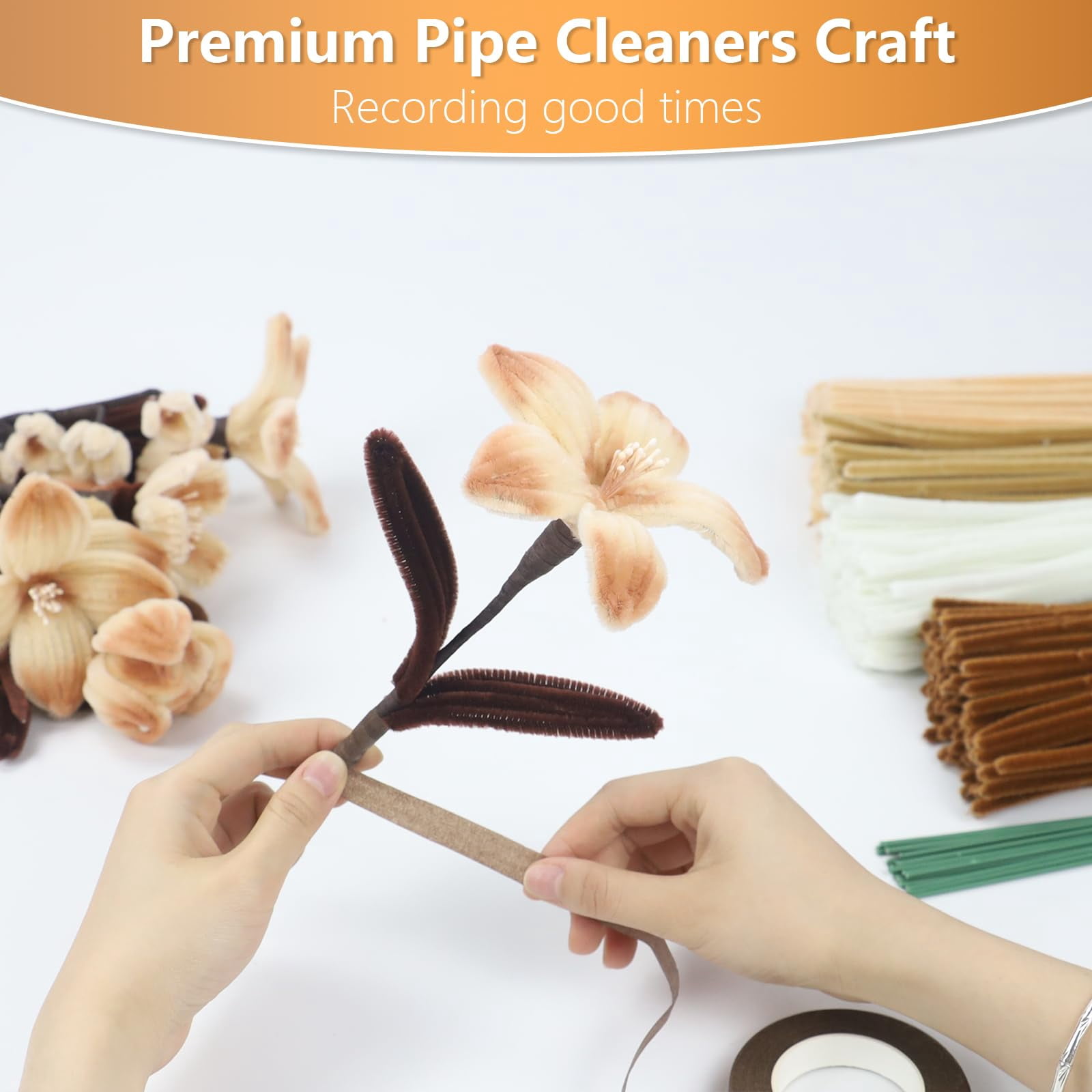Brown Pipe Cleaner Craft Kit with Floral Wires, Stamen, Ribbon and Tape ...