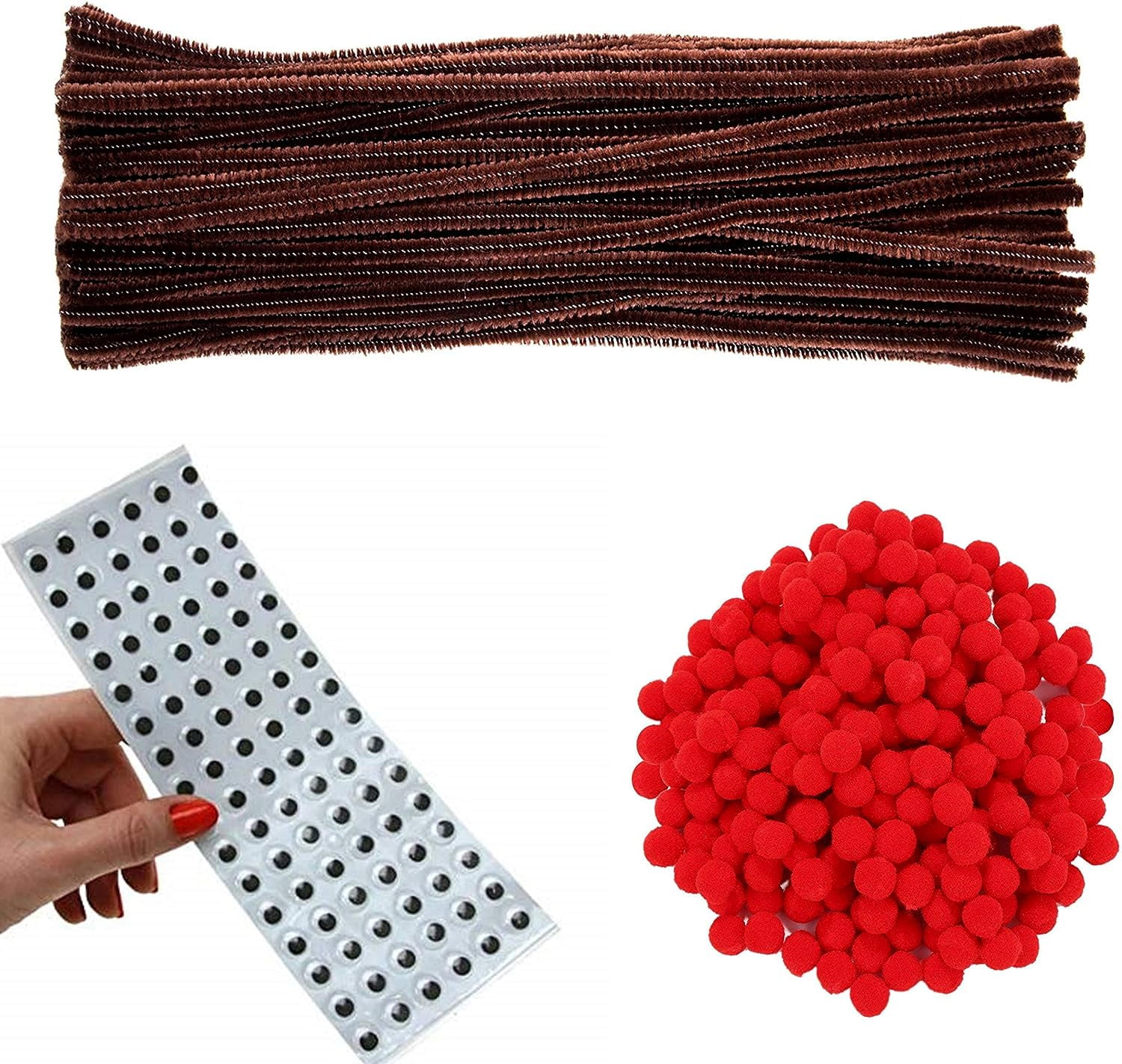 Craft Party Set: 100 Pipe Cleaners, Red Pom Poms, 192 Googly Eyes ...